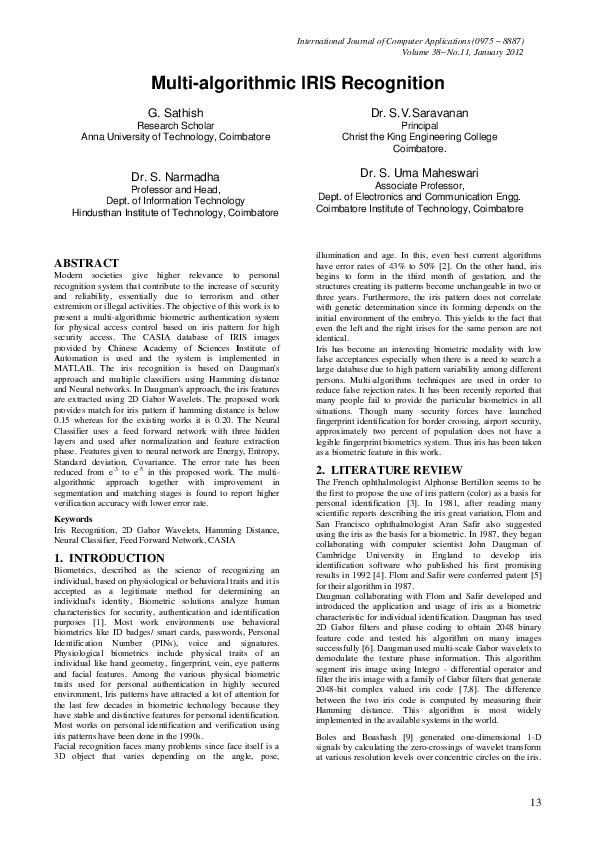 (PDF) Multi-algorithmic IRIS Recognition
