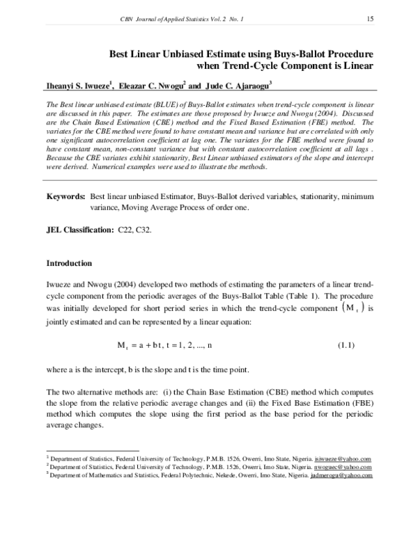 (PDF) Best Linear Unbiased Estimate using Buys-Ballot Procedure when Trend-Cycle Component is Linear