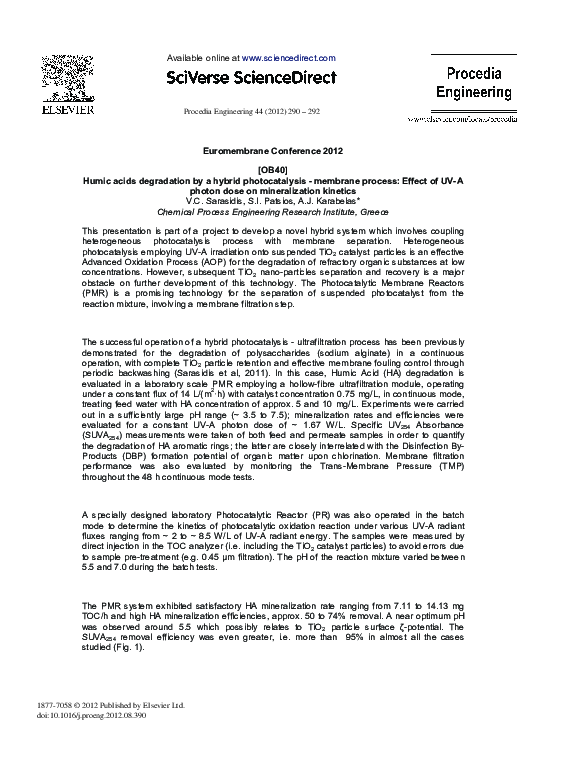 (PDF) Humic acids degradation by a hybrid photocatalysis- membrane ...