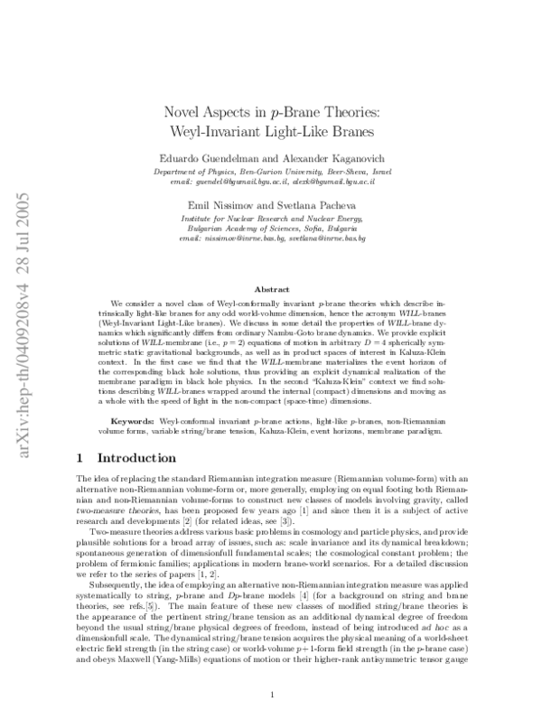 (PDF) Novel Aspects in p-Brane Theories: Weyl-Invariant Light-Like Branes