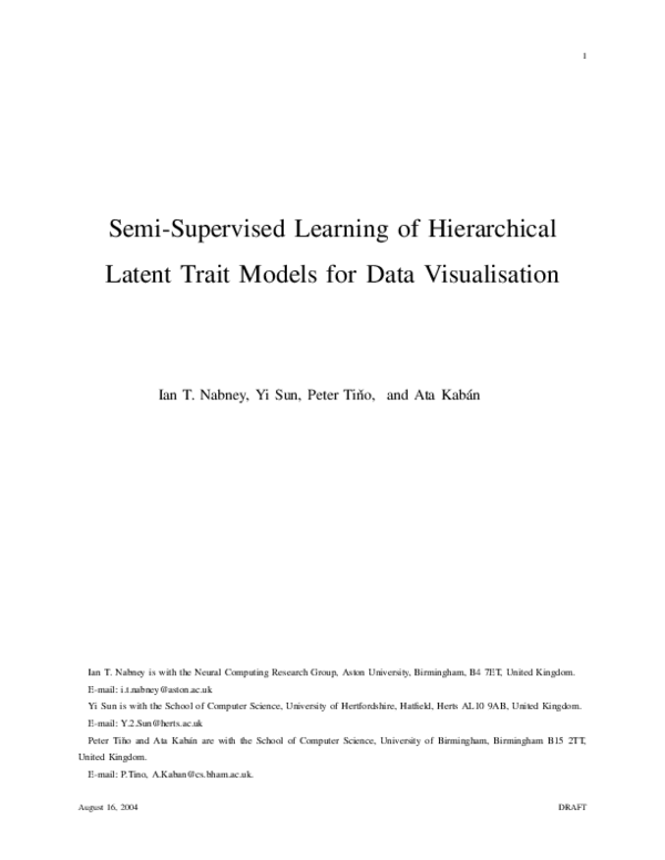 Pdf Semisupervised Learning Of Hierarchical Latent Trait Models For Data Visualisation