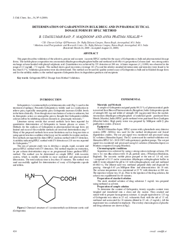 (PDF) Determination of Gabapentin in Bulk Drug and in Pharmaceutical Dosage Form by HPLC Method