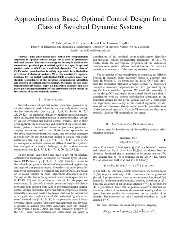 (PDF) Approximations based optimal control design for a class of switched dynamic systems
