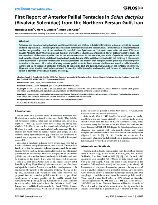 (PDF) First Report of Anterior Pallial Tentacles in Solen dactylus ...