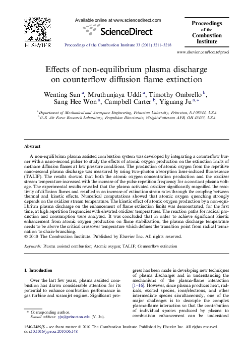 (PDF) Effects of non-equilibrium plasma discharge on counterflow ...