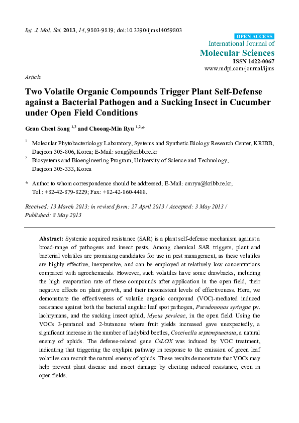(PDF) Two Volatile Organic Compounds Trigger Plant Self-Defense against ...