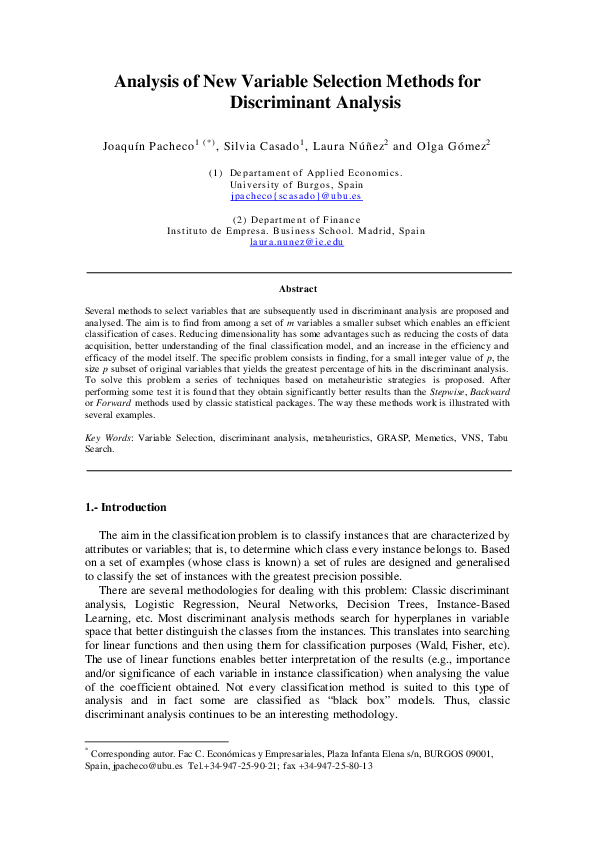 Pdf Analysis Of New Variable Selection Methods For Discriminant Analysis Laura Iglesias