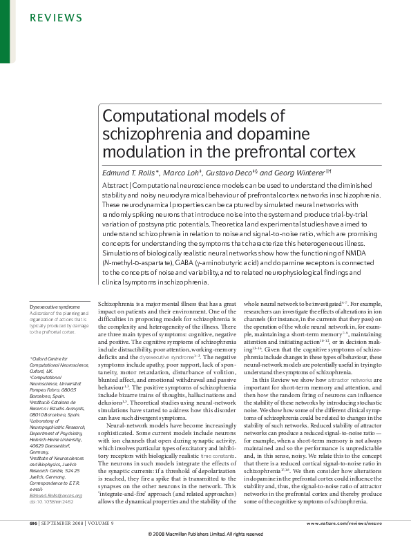 Pdf Computational Models Of Schizophrenia And Dopamine Modulation In The Prefrontal Cortex