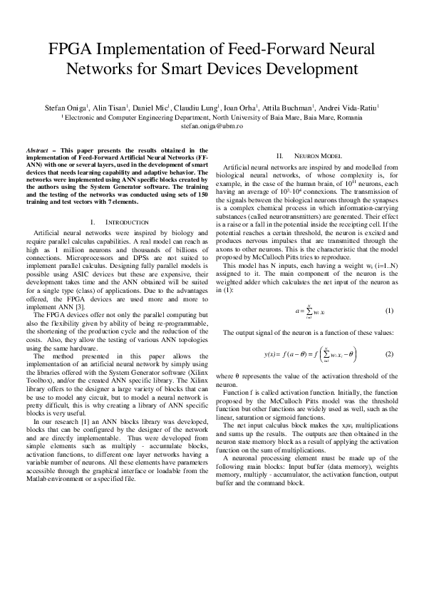 Pdf Fpga Implementation Of Feed Forward Neural Networks For Smart