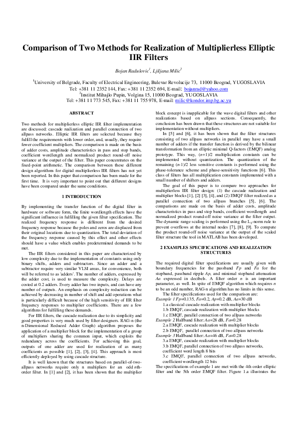 Pdf Comparison Of Two Methods For Realization Of Multiplierless Elliptic Iir Filters