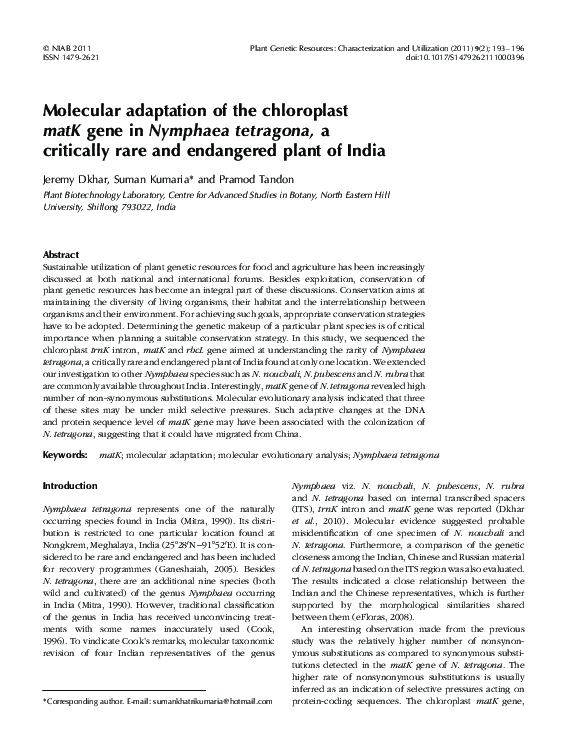 (PDF) Molecular adaptation of the chloroplast matK gene in Nymphaea ...