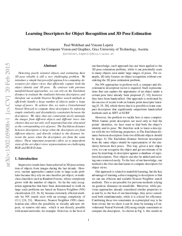 Pdf Learning Descriptors For Object Recognition And 3d Pose