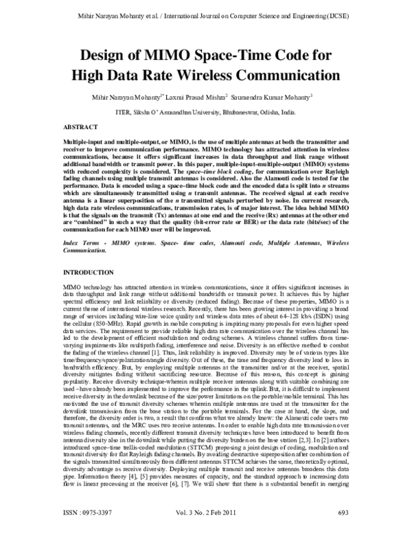 Pdf Design Of Mimo Space Time Code For High Data Rate Wireless Communication