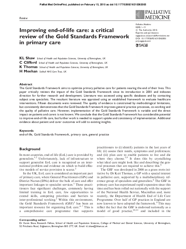 (PDF) Review: Improving end-of-life care: a critical review of the Gold ...