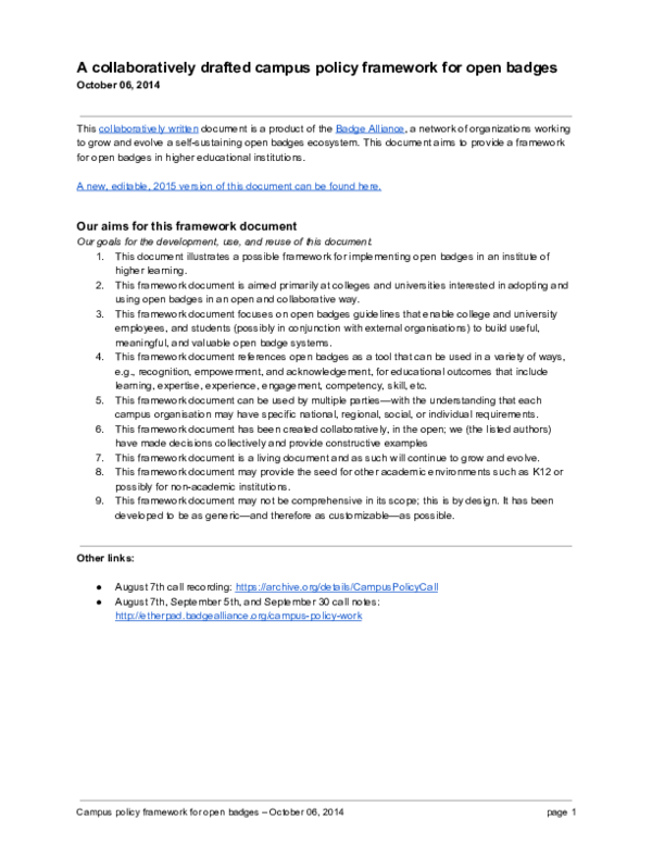 (PDF) A collaboratively drafted campus policy framework for open badges