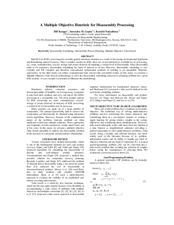 (PDF) A Multiple Objective Heuristic for Disassembly Processing