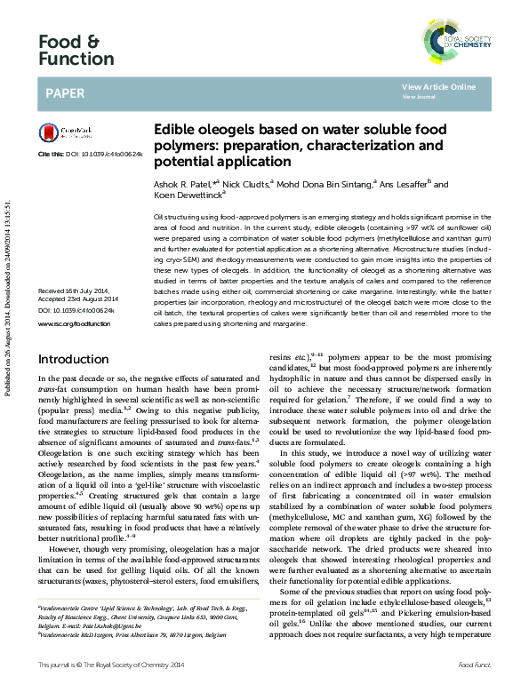 (PDF) Edible oleogels based on water soluble food polymers: preparation ... (PDF) Edible oleogels based on water soluble food polymers: preparation ...