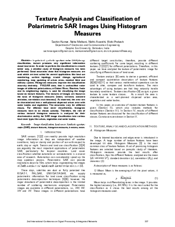 Pdf Texture Analysis And Classification Of Polarimetric Sar Images Using Histogram Measures