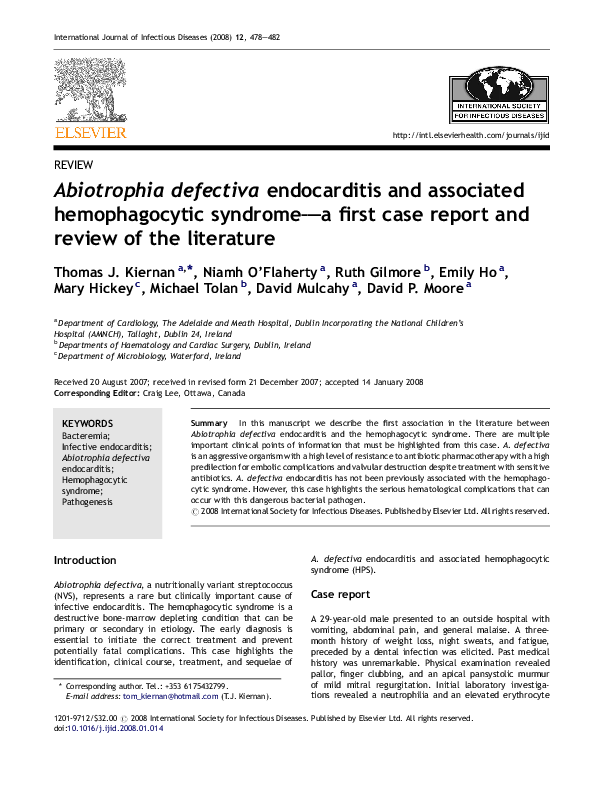 (PDF) Abiotrophia defectiva endocarditis and associated hemophagocytic ...