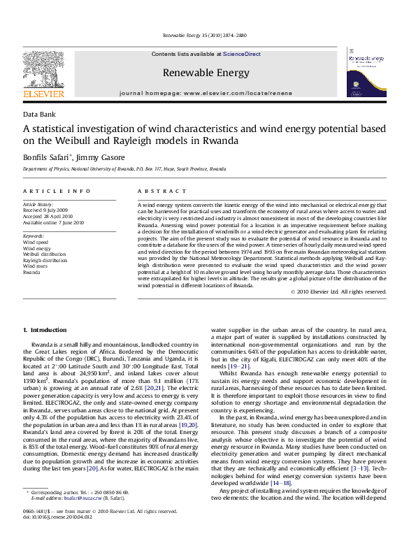 Pdf A Statistical Investigation Of Wind Characteristics And Wind Energy Potential Based On The