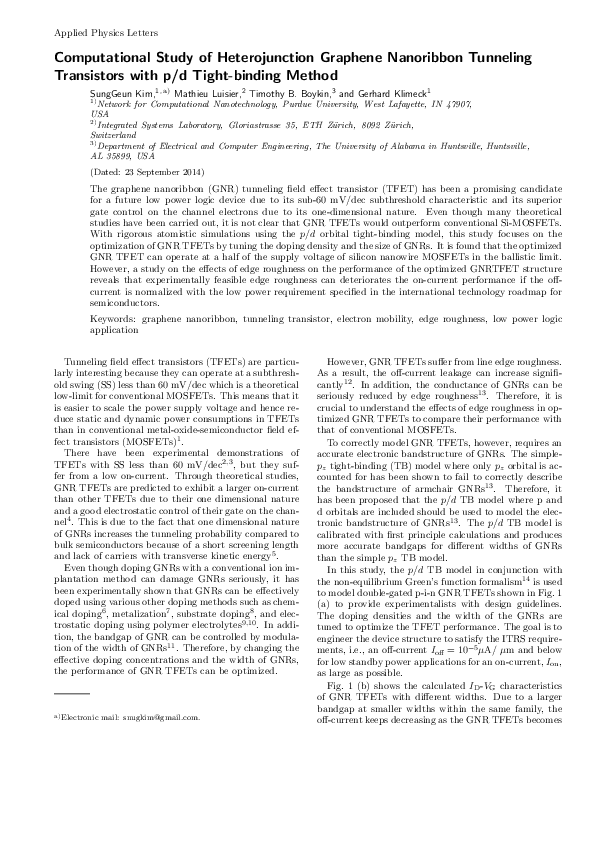 (PDF) Computational study of heterojunction graphene nanoribbon tunneling transistors with p-d ...