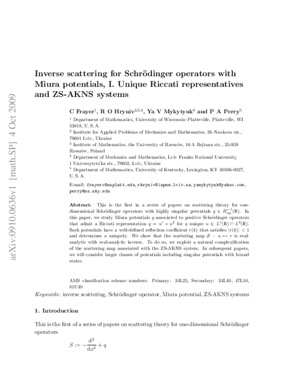 (PDF) Inverse scattering for Schrödinger operators with Miura potentials, I. Unique Riccati ...