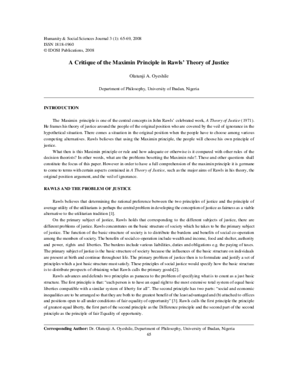 (PDF) A critique of the maximin principle in Rawls' theory of justice