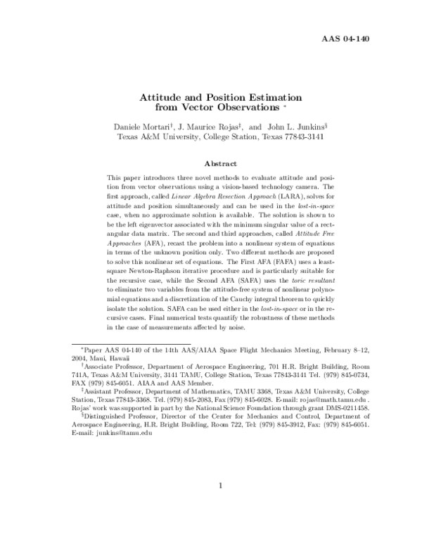 Pdf Attitude And Position Estimation From Vector Observations John Junkins