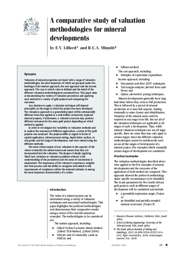 (PDF) A Comparative Study of Valuation Methodologies for Mineral ...