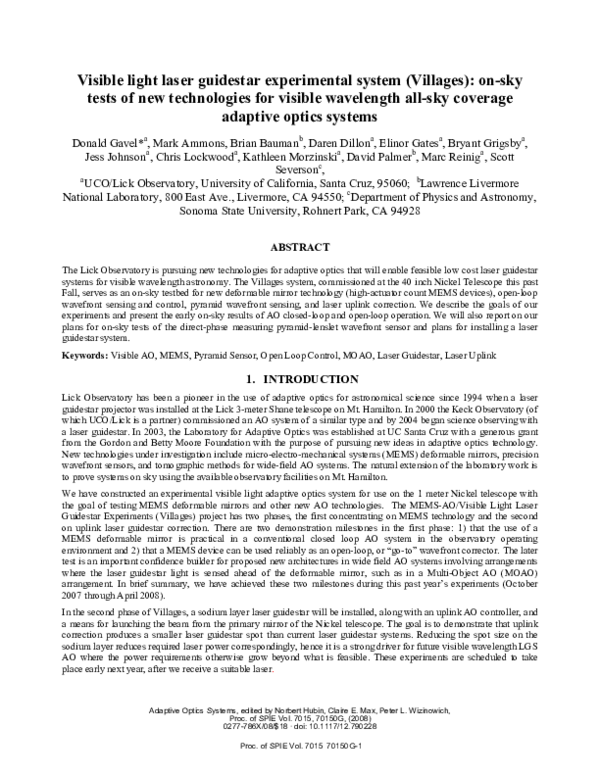 (PDF) Visible light laser guidestar experimental system (Villages): on ...