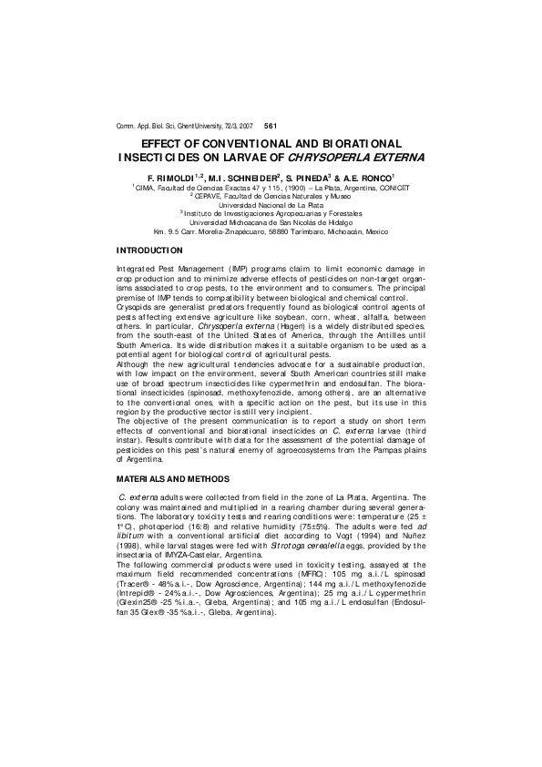 (PDF) Effect of conventional and biorational insecticides on larvae of Chrysoperla externa