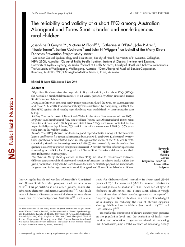(PDF) Short FFQ Validity in Indigenous Children