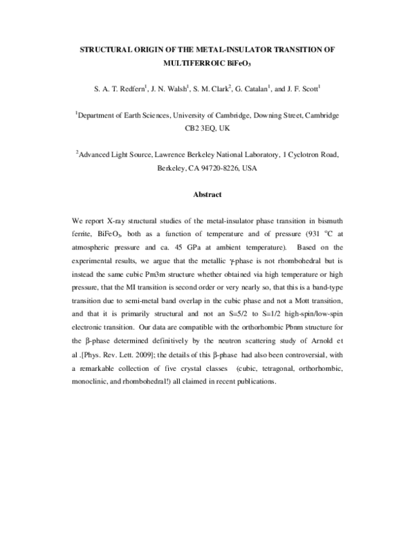(PDF) Structural origin of the metal-insulator transition of multiferroic BiFeO3