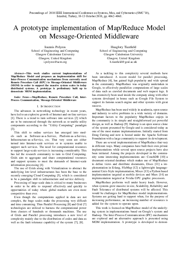 Pdf A Prototype Implementation Of Map Reduce Model On Message Oriented Middleware