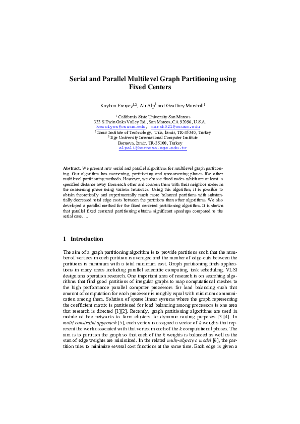 Pdf Serial And Parallel Multilevel Graph Partitioning Using Fixed Centers
