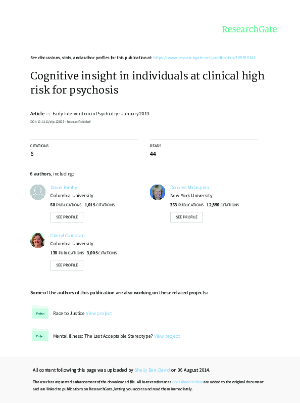 (PDF) Cognitive insight in individuals at clinical high risk for psychosis