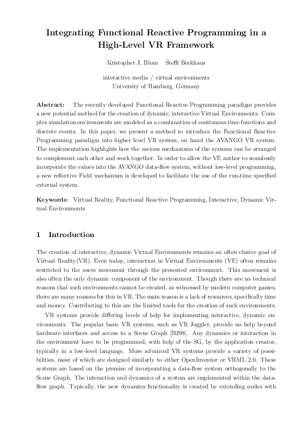 (PDF) Integrating Functional Reactive Programming in a High-Level VR Framework