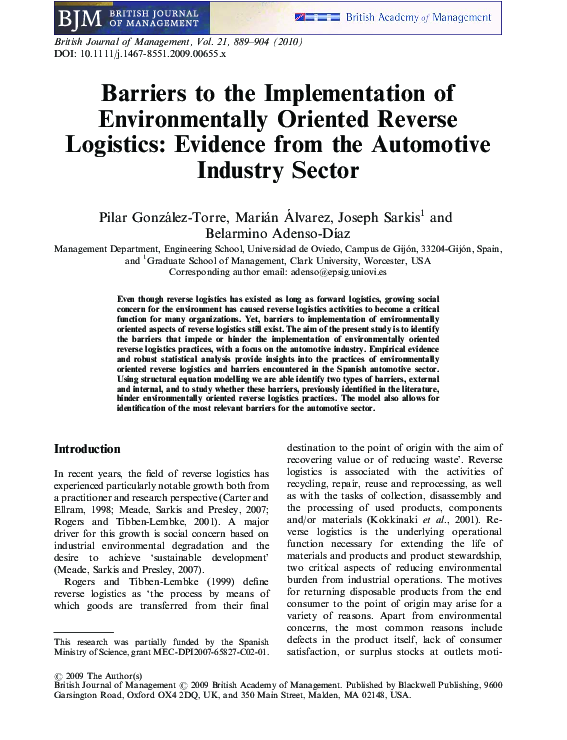 (PDF) Barriers to the Implementation of Environmentally Oriented Reverse Logistics: Evidence ...