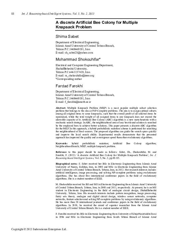 (PDF) A discrete artificial bee colony for multiple Knapsack problem
