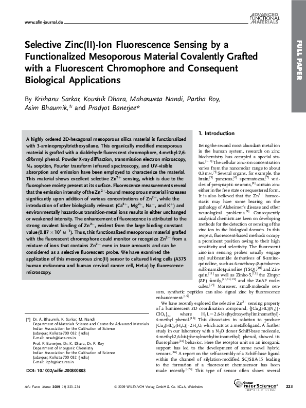 (PDF) Selective Zinc(II)-Ion Fluorescence Sensing by a Functionalized Mesoporous Material ...
