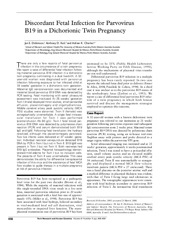 (PDF) Discordant fetal infection for parvovirus B19 in a dichorionic ...
