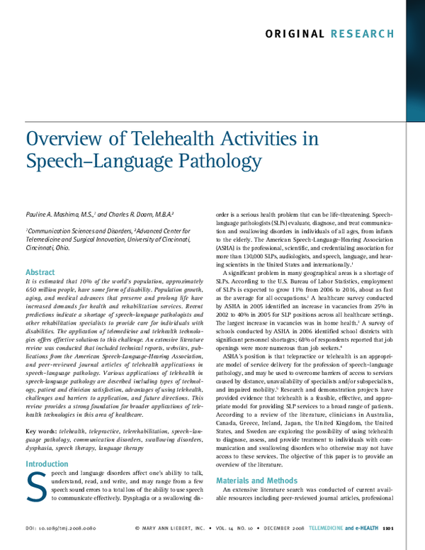 (PDF) Overview of Telehealth Activities in Speech-Language Pathology