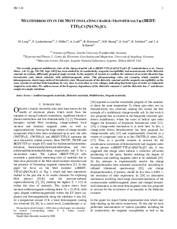 (PDF) Multiferroicity in the Mott Insulating Charge-Transfer Salt kappa-(BEDT-TTF)(2)Cu[N(CN)(2)]Cl