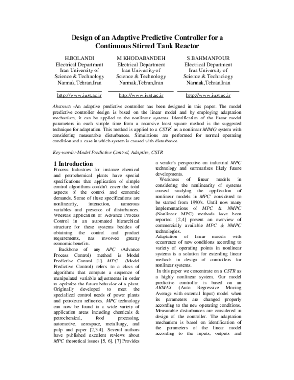 (PDF) Design of an adaptive predictive controller for a continuous stirred tank reactor | Mahdi ...