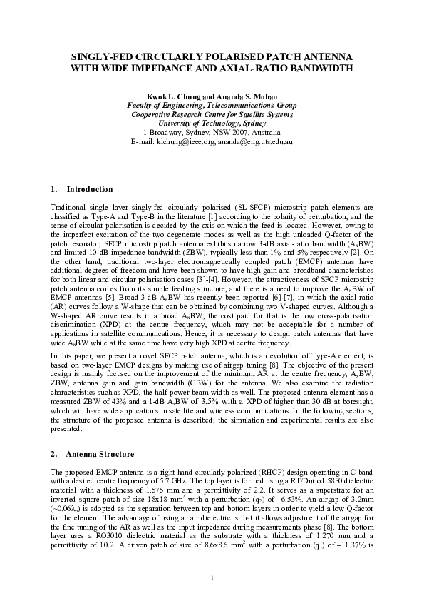 (PDF) Singly-Fed Circularly Polarised Patch Antenna with Wide Impedance and Axial-Ratio Bandwidth