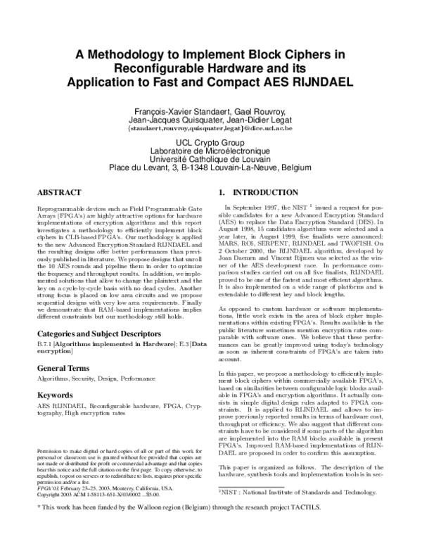 (PDF) A methodology to implement block ciphers in reconfigurable hardware and its application to ...