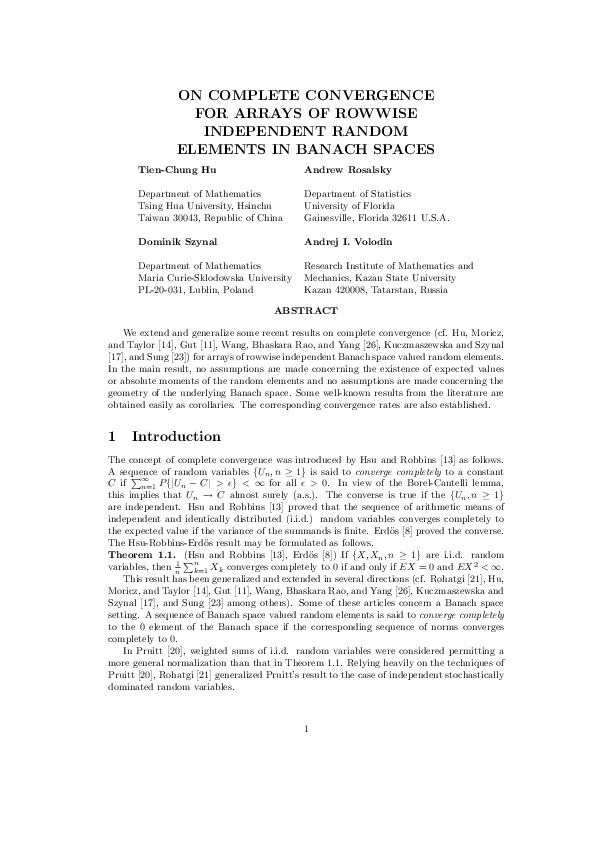Pdf Complete Convergence For Arrays Of Rowwise Independent Random Variables