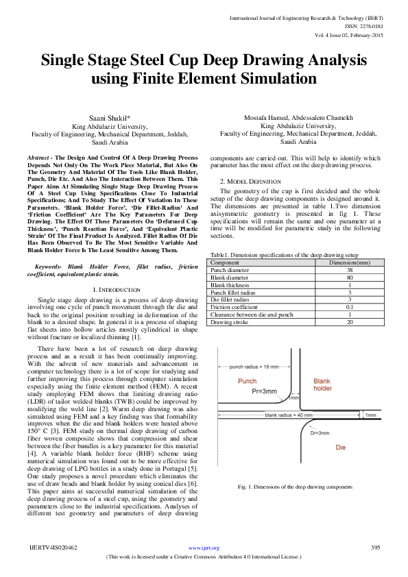 (PDF) Single Stage Steel Cup Deep Drawing Analysis using Finite Element Simulation