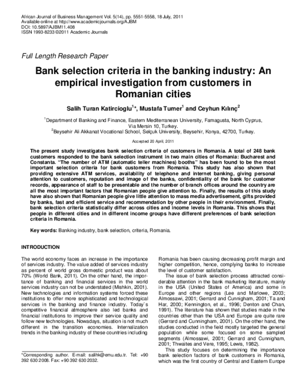 (PDF) Bank selection criteria in the banking industry: An empirical ...