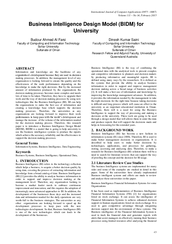 (PDF) Business Intelligence Design Model (BIDM) for University